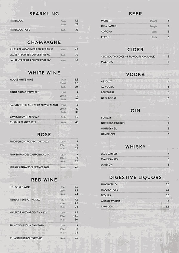 Menu | Cristi's Bar Billericay - Cocktails and Italian-themed bar food